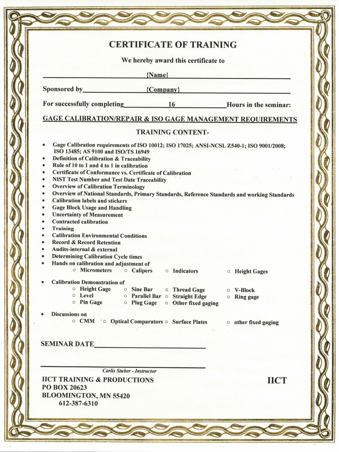 Denison TX "Hands-On" ISO Gage Calibration & Repair Training